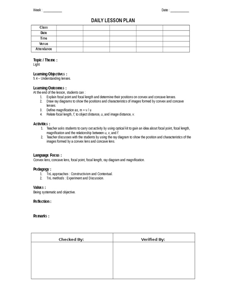 Daily Lesson Plan on Light and Lenses | PDF | Lens (Optics) | Optics
