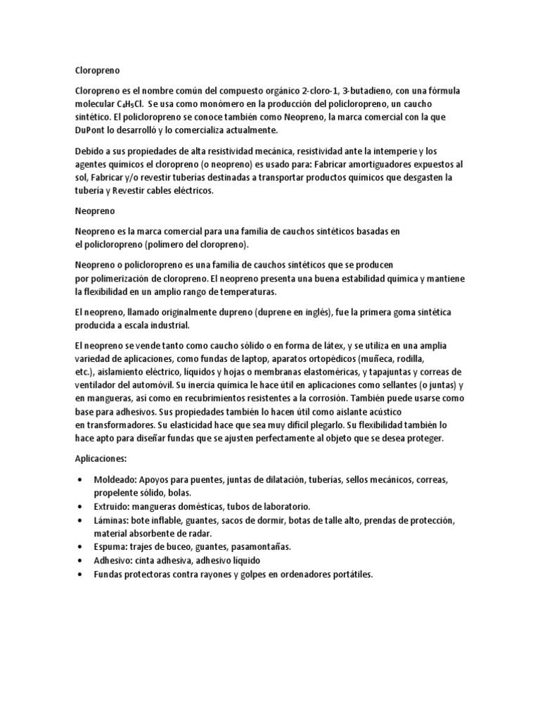 Cloropreno | PDF | Elastómero | Polímeros
