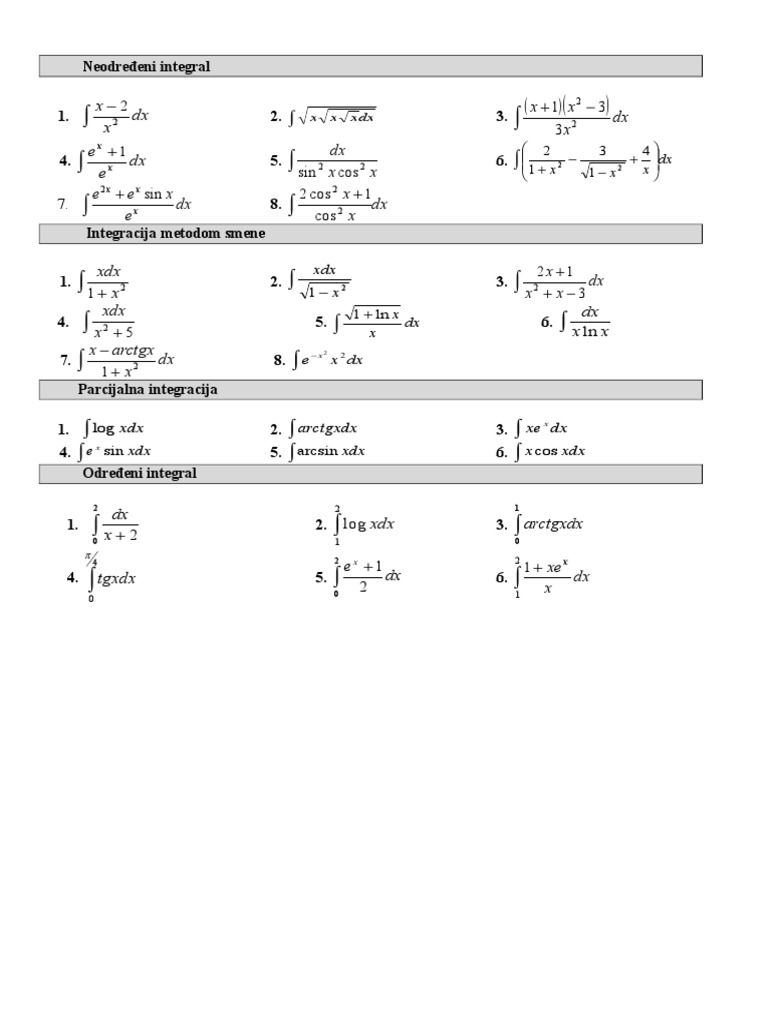 Integrali - Zadaci Za Vezbanje | PDF