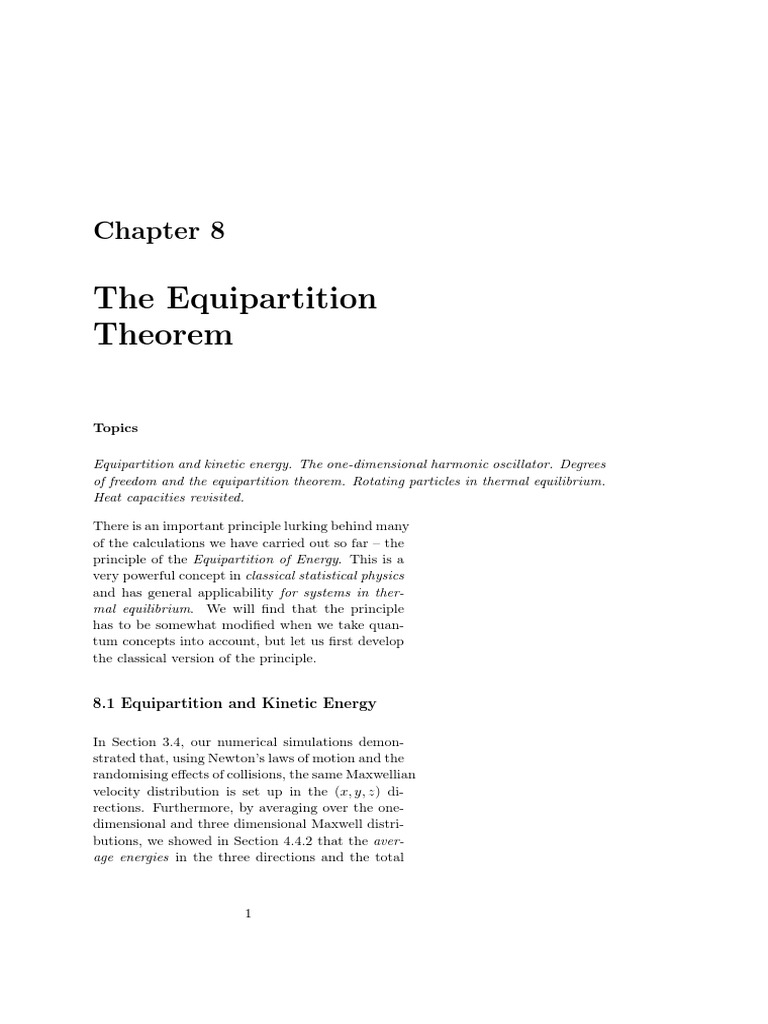 The Equipartition Theorem: 8.1 Equipartition and Kinetic Energy | PDF