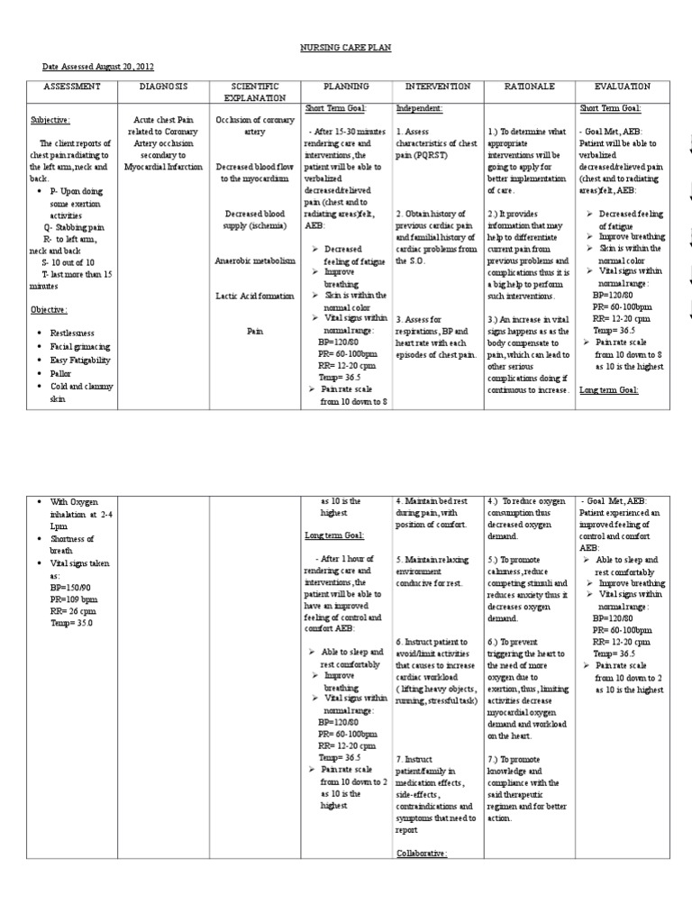 NURSING CARE PLAN For Myocardial Infarction | PDF | Angina Pectoris ...