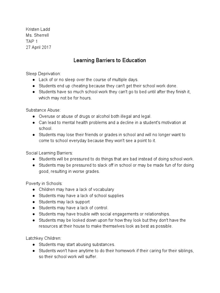 Barriers to Student Learning Explained | PDF | Child Neglect ...