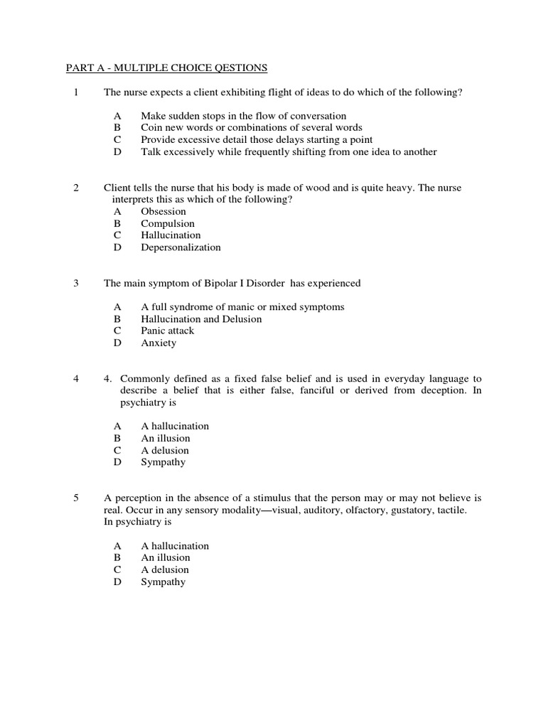 Psychiatric Nursing Questions | PDF