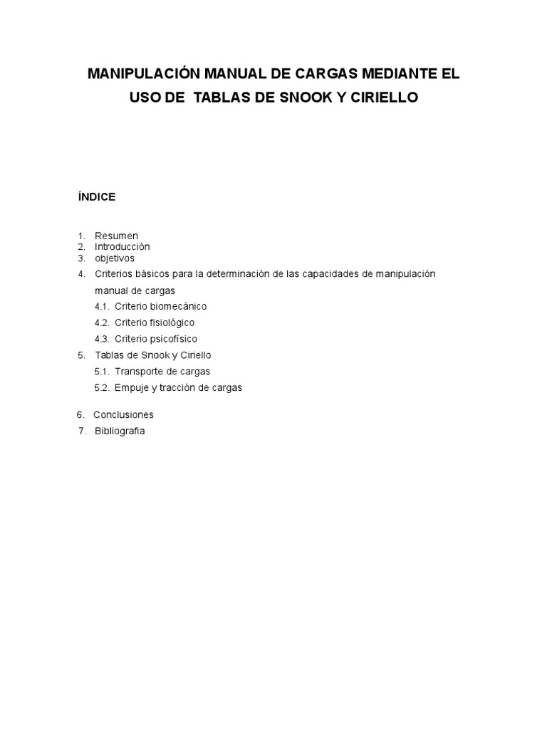 Manipulación de Cargas: Tablas Snook y Ciriello | PDF | Biomecánica ...