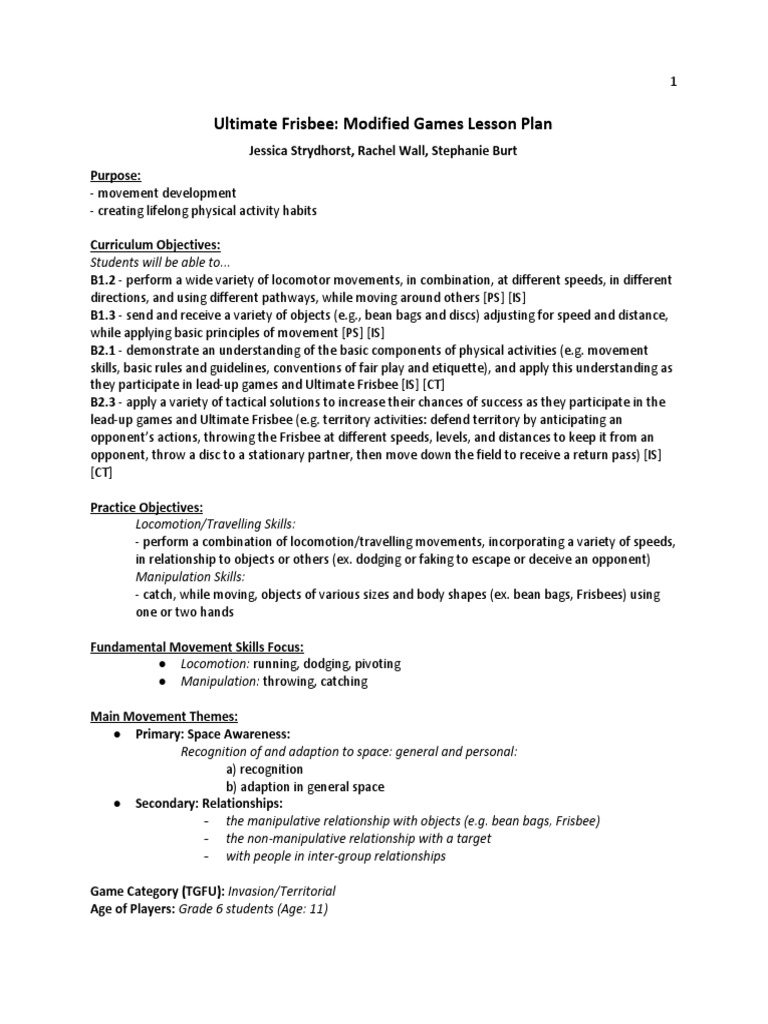 Ultimate Frisbee: Modified Games Lesson Plan | PDF | Sports | Leisure