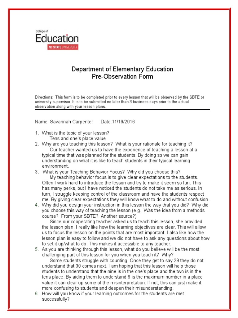 Pre-Observation Lesson Form | PDF | Lesson Plan | Classroom Management