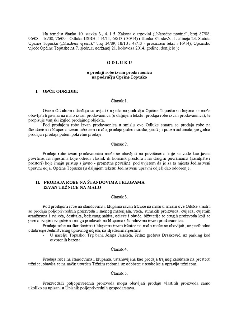 Odluka o Prodaji Robe Izvan Prodavaonica