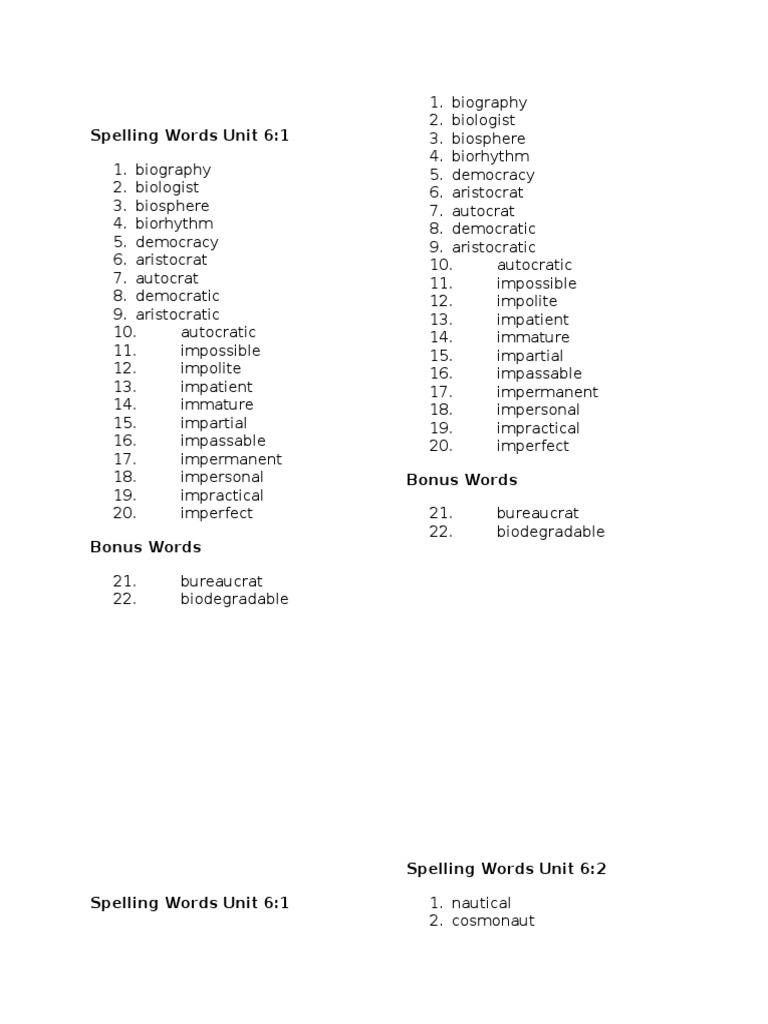 Spelling Words Unit 6 | PDF | Nature