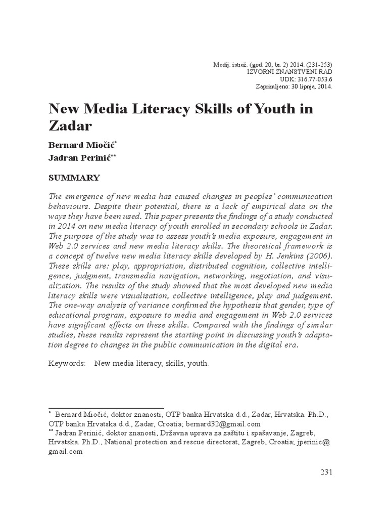 New Media Literacy in Zadar Youth | PDF | Survey Methodology | Mass Media