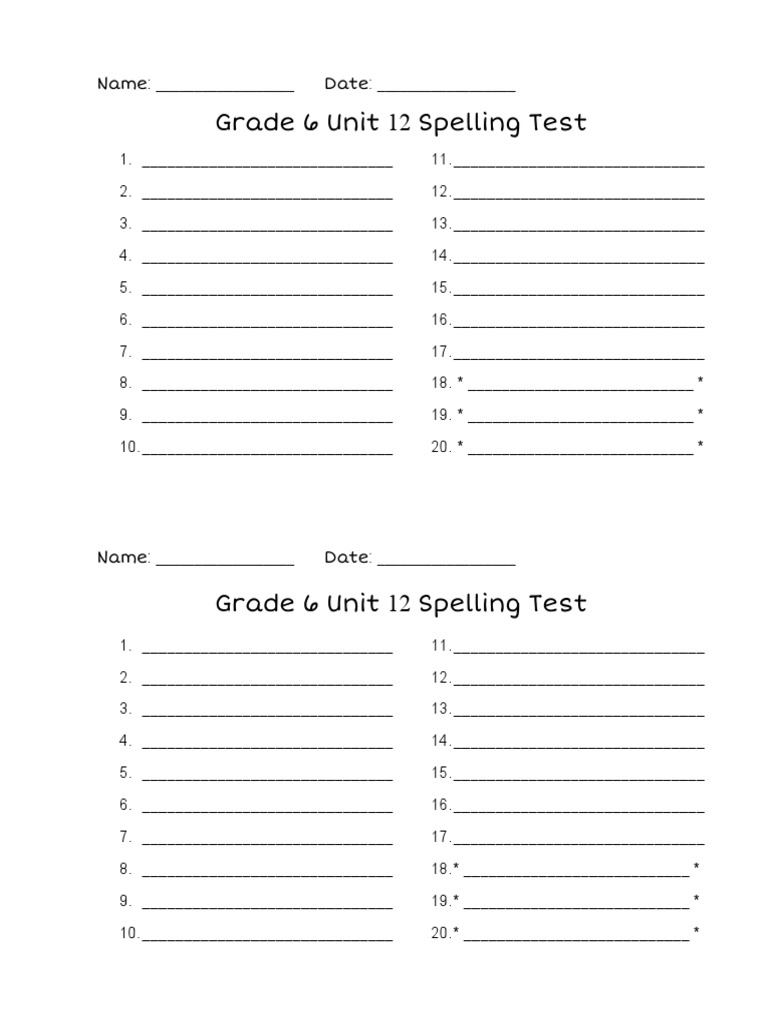 Grade 6 Unit 12 Spelling Test: Name : Date | PDF