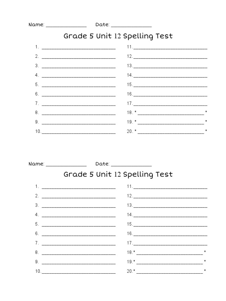 Grade 5 Unit 12 Spelling Test: Name : Date | PDF | Linguistic Typology ...
