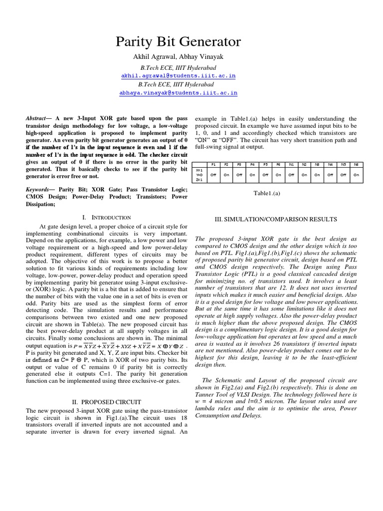 Parity Bit Generator Using 3 Input XOR G | PDF | Cmos | Electronic Circuits