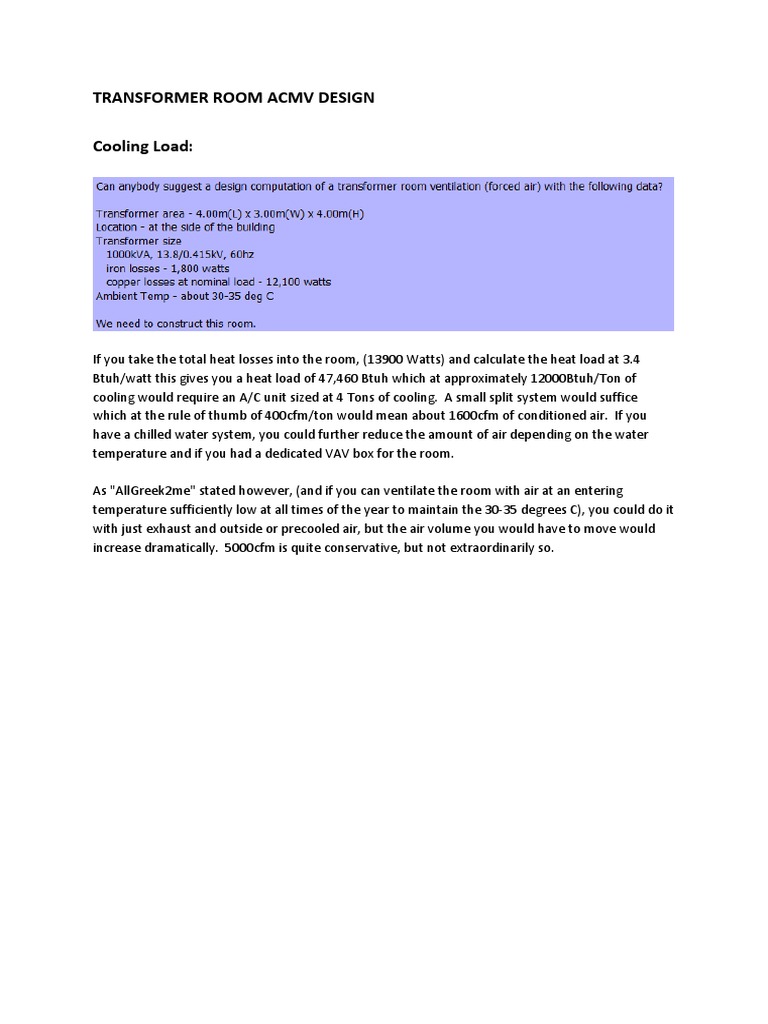 Transformer Room Acmv Design | PDF | Ventilation (Architecture) | Air ...