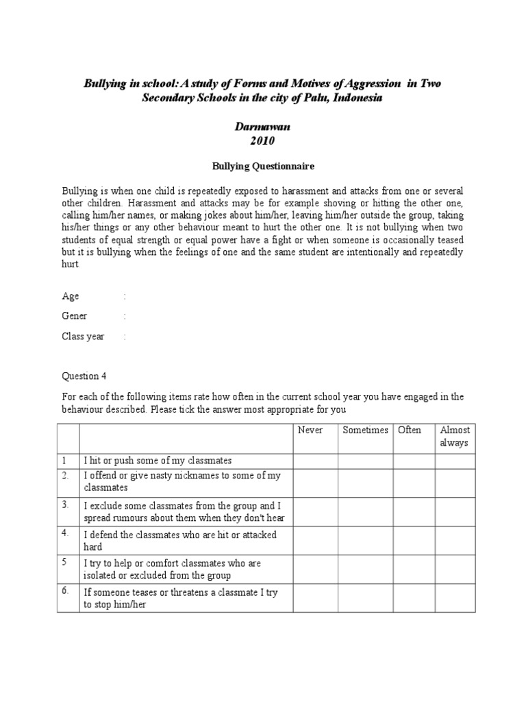 Bullying Questionnaire | PDF | Bullying | Violence