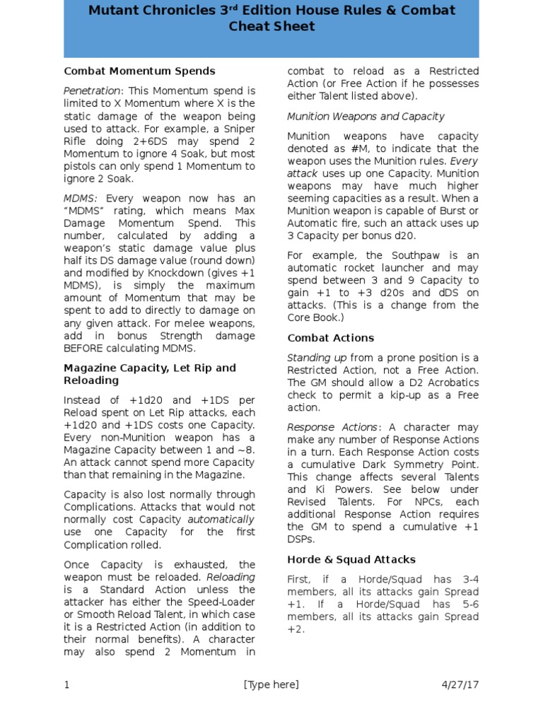 House Rules and Combat Cheat Sheet | PDF | Telescopic Sight | Ammunition