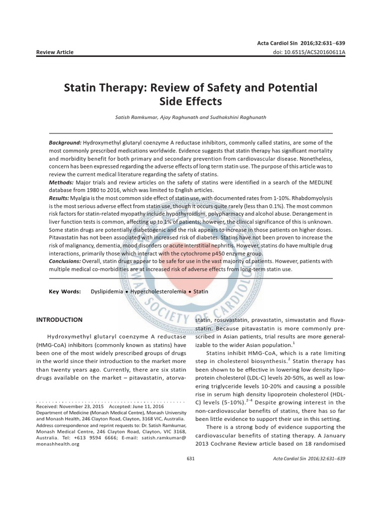 Statin Therapy, Review of Safety and Potential Side Effects | PDF ...