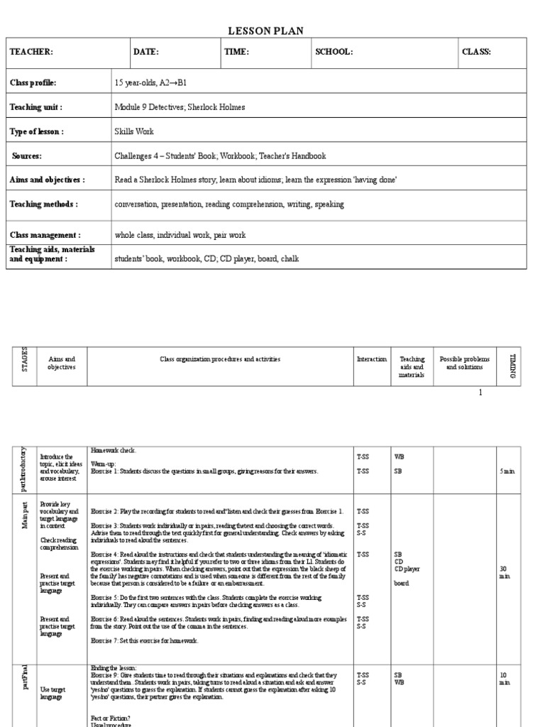 Sherlock Holmes Lesson Plan for A2-B1 Students | PDF | Idiom | Reading ...