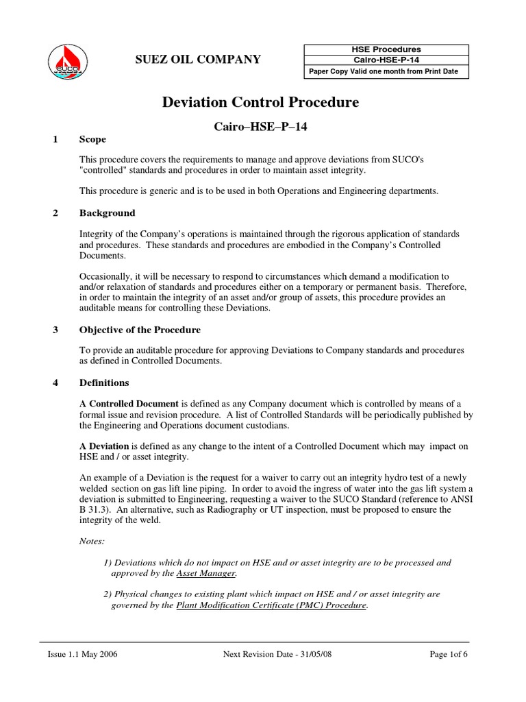 HSE-P-14 Deviation Control Procedure Issue 1.1 | PDF | Government ...