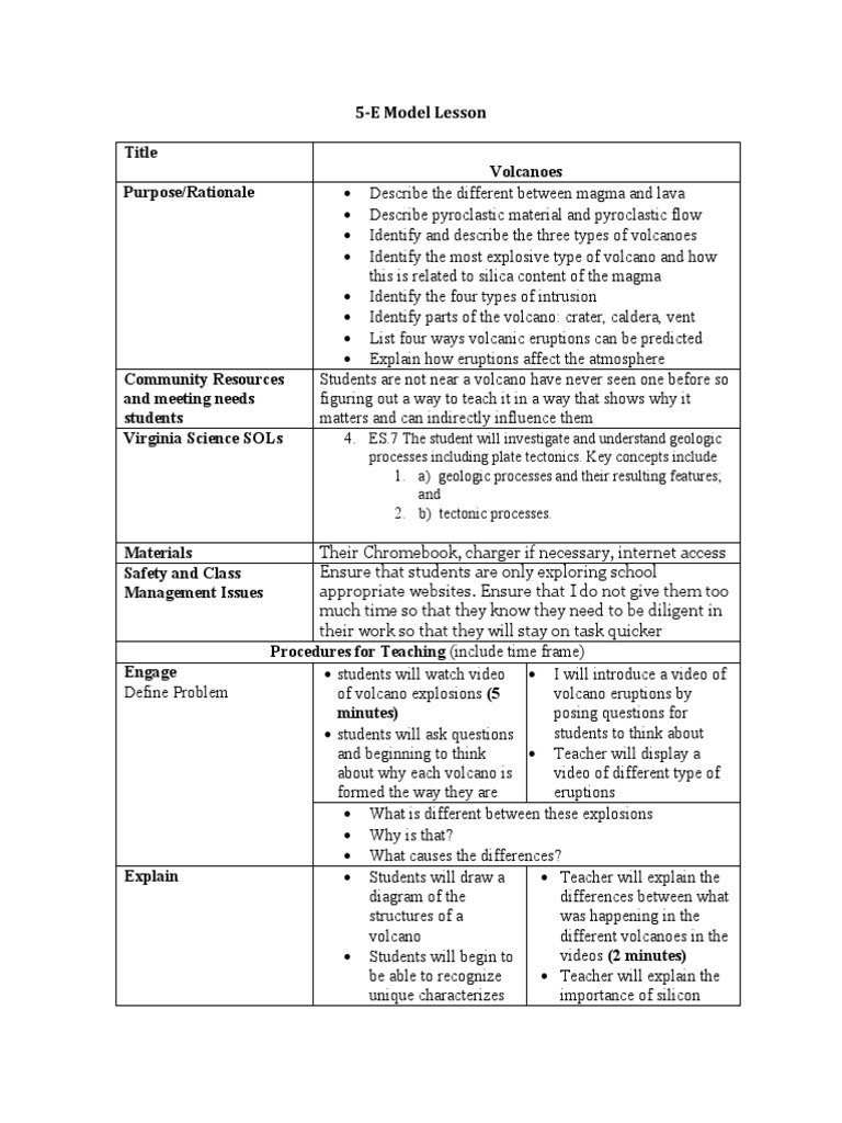 5E Lesson Plan on Volcanoes | PDF | Volcano | Types Of Volcanic Eruptions