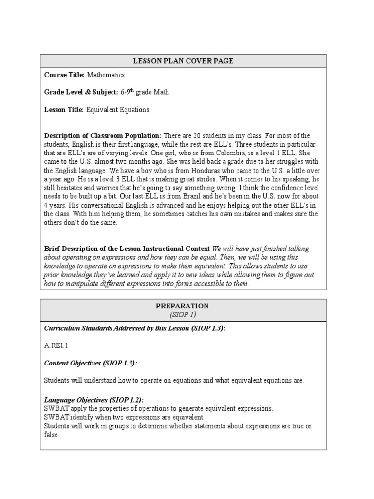 Ell Lesson Plan - Equivalent Equations | PDF | Lesson Plan | Education ...
