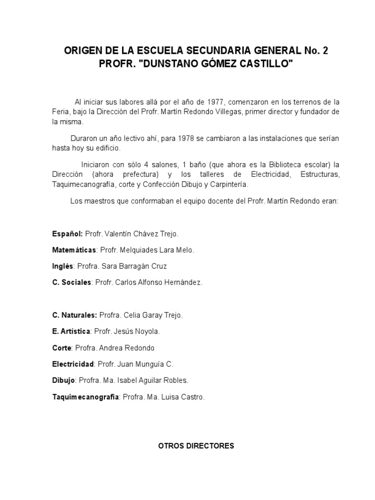 Origen de La Escuela Secundaria General No 2 "Profesor Dunstano Gómez ...