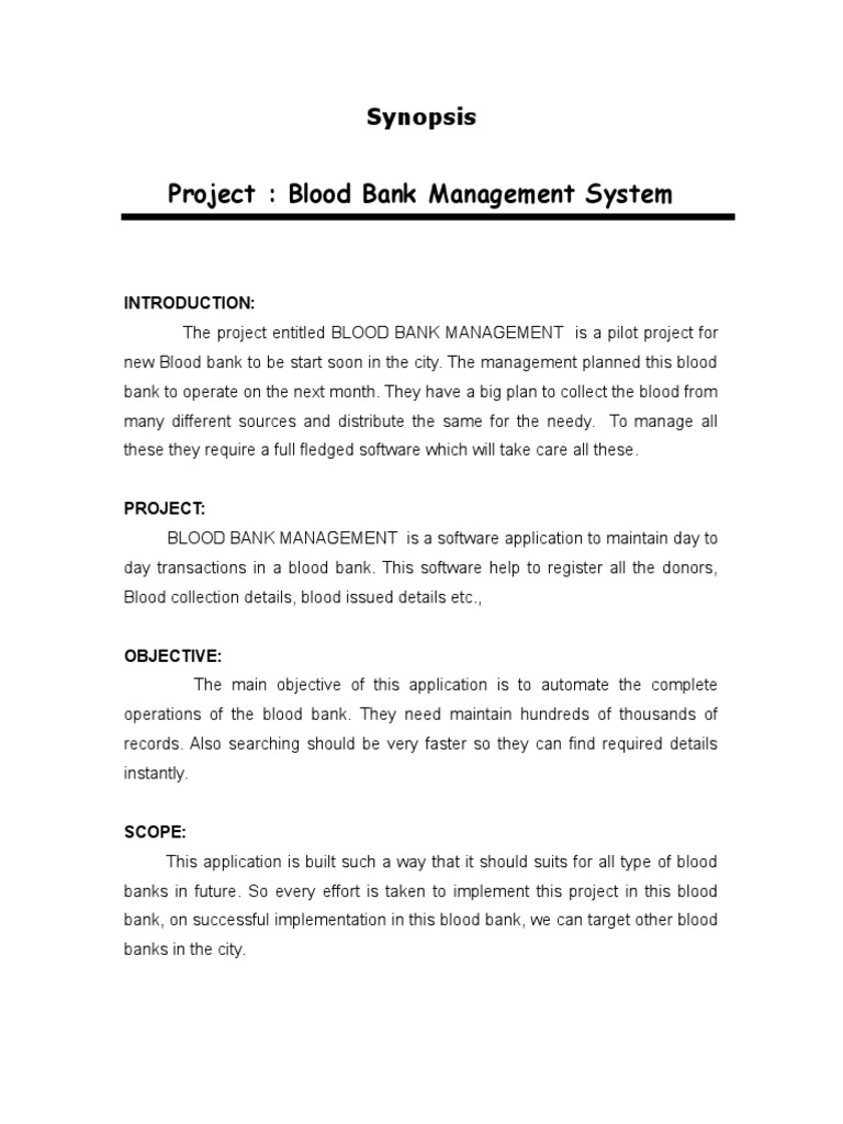 Academic Project Vb101 Blood Bank Management Synopsis | PDF