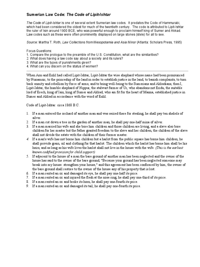 Mesopotamian Law Codesl | PDF | Sumer | Hammurabi