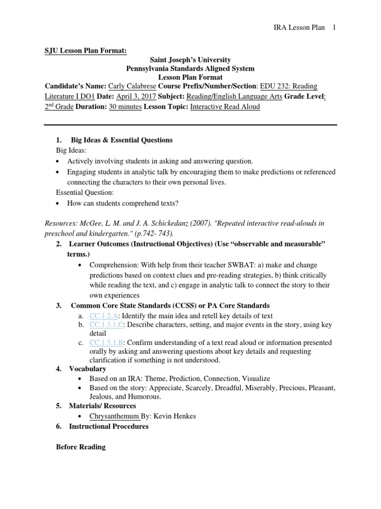 Ira Lesson Plan | PDF | Lesson Plan | Reading Comprehension
