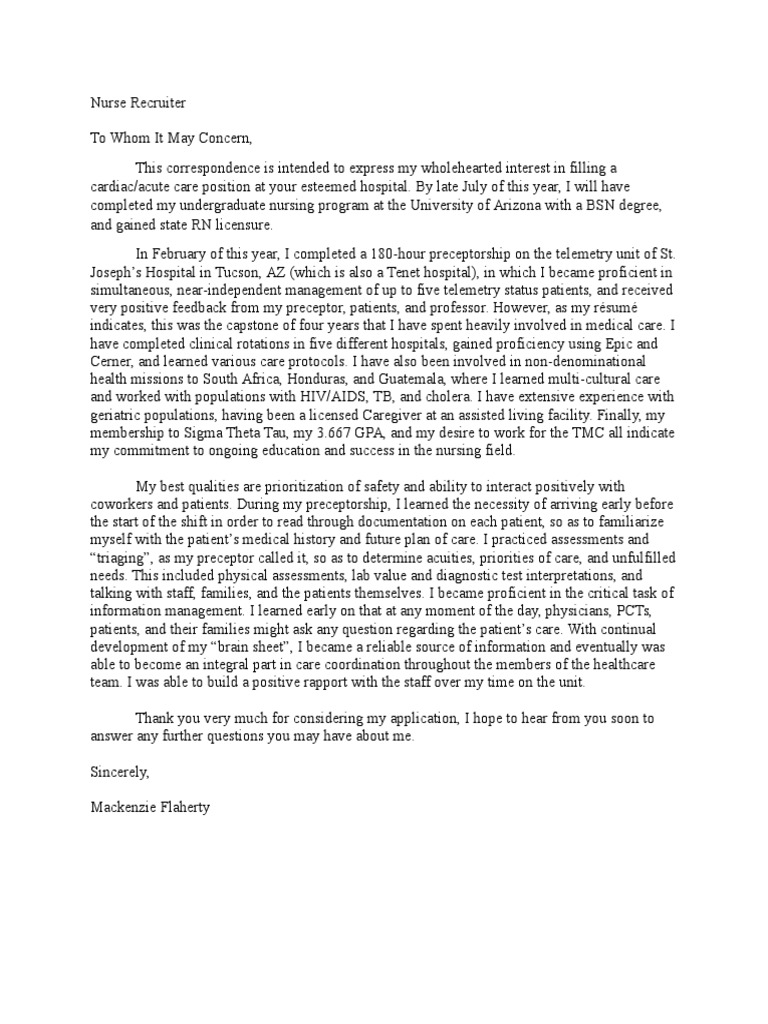 Tenet Cover Letter | PDF | Nursing | Patient