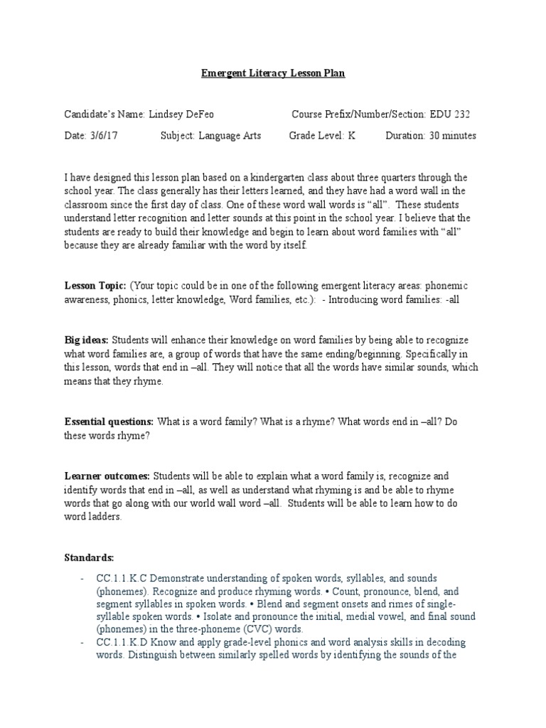 Emergent Literacy Lesson Plan 232 | PDF | Syllable | Phonics