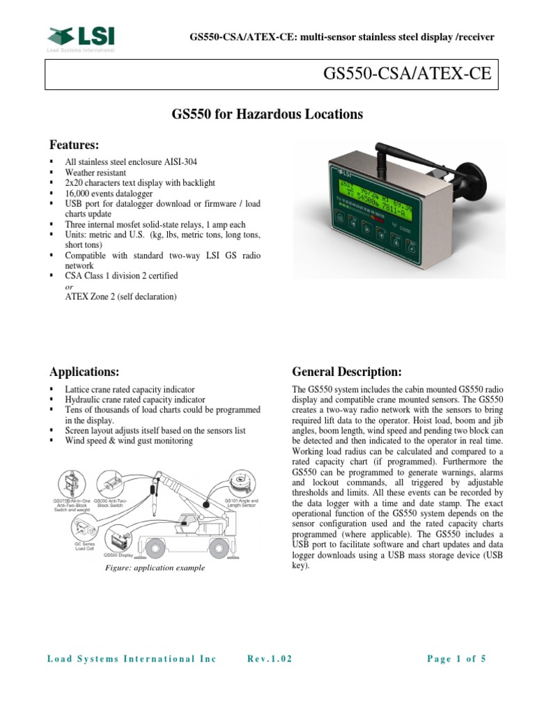 GS550 Multi-Sensor Display Datasheet | PDF | Power Supply | Crane (Machine)