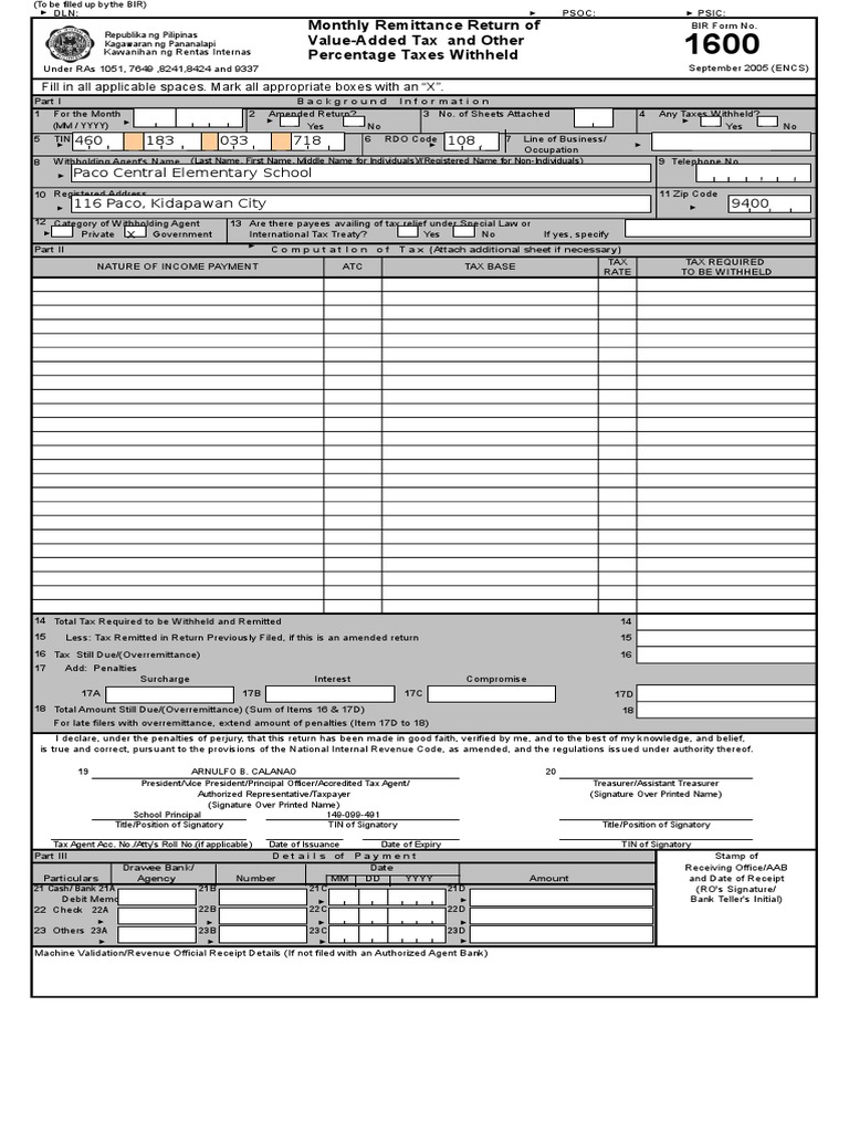 Bir Form 1600 | Withholding Tax | Value Added Tax