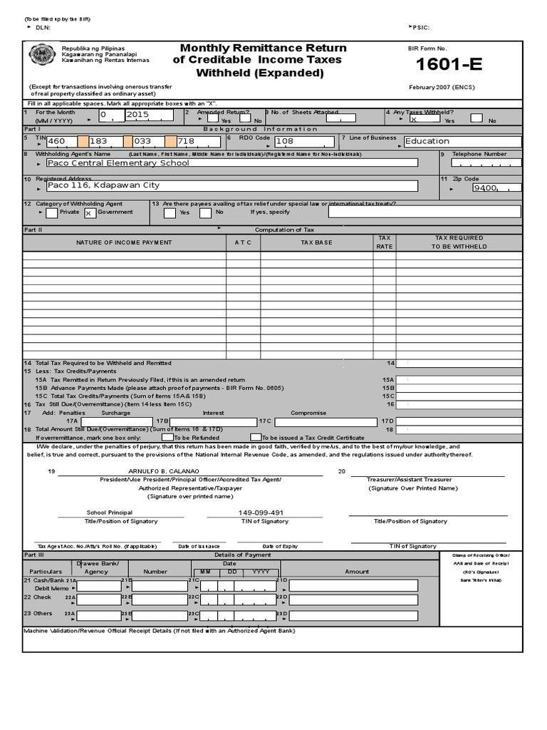 BIR Form 1601-E | Withholding Tax | Payments