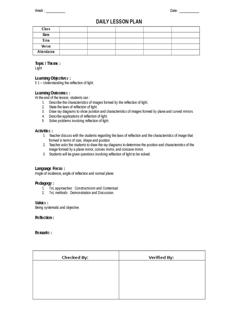 Daily Lesson Plan: Topic / Theme: Learning Objectives: Learning ...