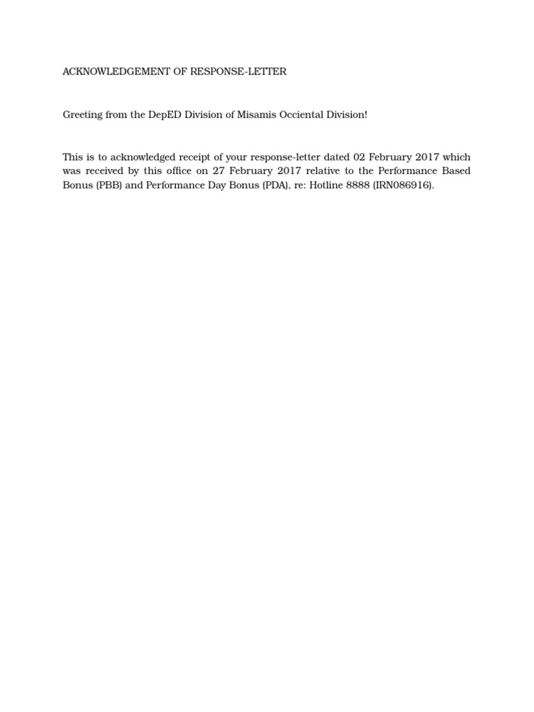 Acknowledgement Of Response letter