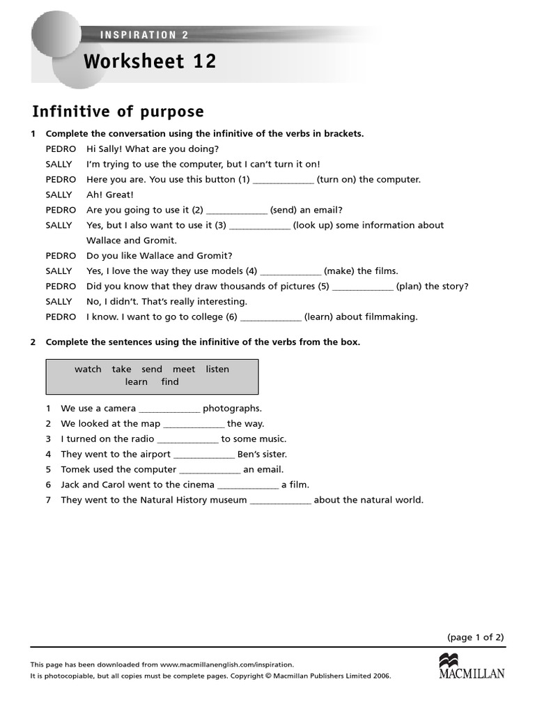 Worksheet 12: Infinitive of Purpose | PDF
