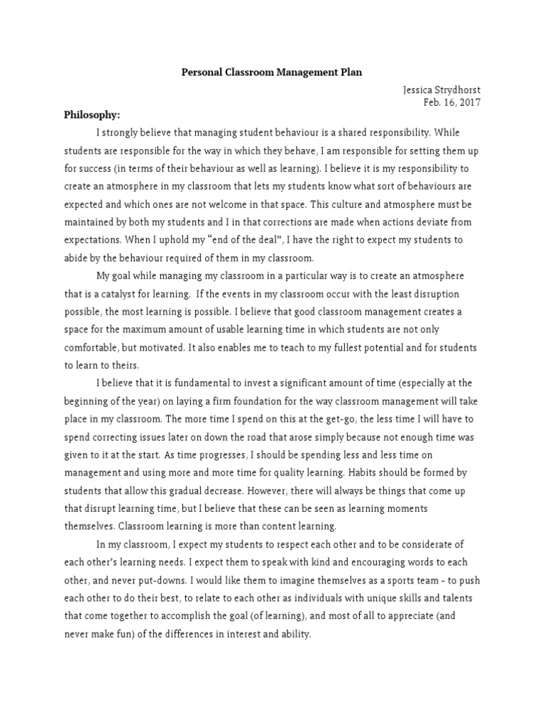 Personal Classroom Management Plan | PDF | Classroom | Classroom Management