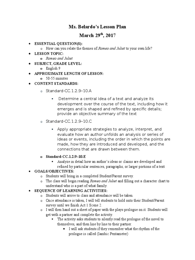 Stlessonplaneng 9 Mar 29 | PDF | Lesson Plan | Romeo And Juliet