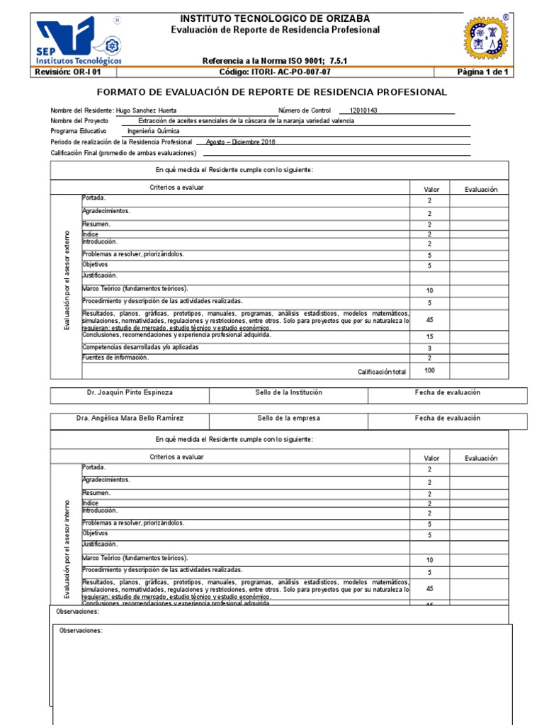 004 Formato de Evaluación de Reporte de Residencia Profesional | PDF | Estadísticas | Ciencia y ...