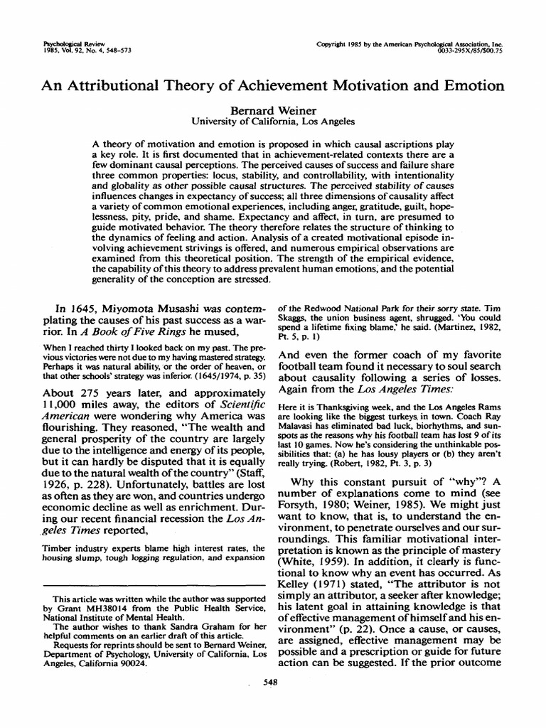 An Attributional Theory of Achievement Motivation and Emotion PDF | PDF ...