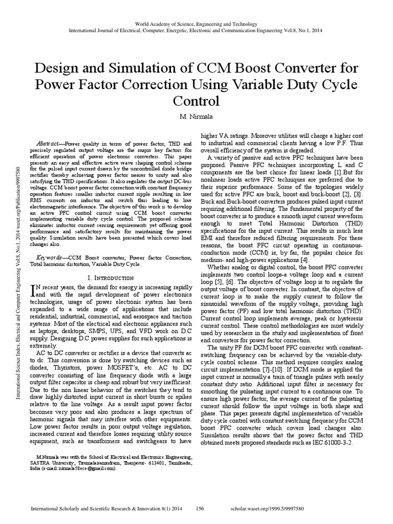 Design and Simulation of CCM Boost Converter For Power Factor Correction Using Variable Duty ...