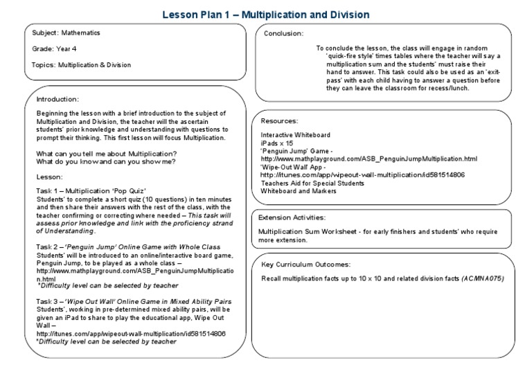 Lesson 1 - Multiplication Division | PDF | Lesson Plan | Teaching
