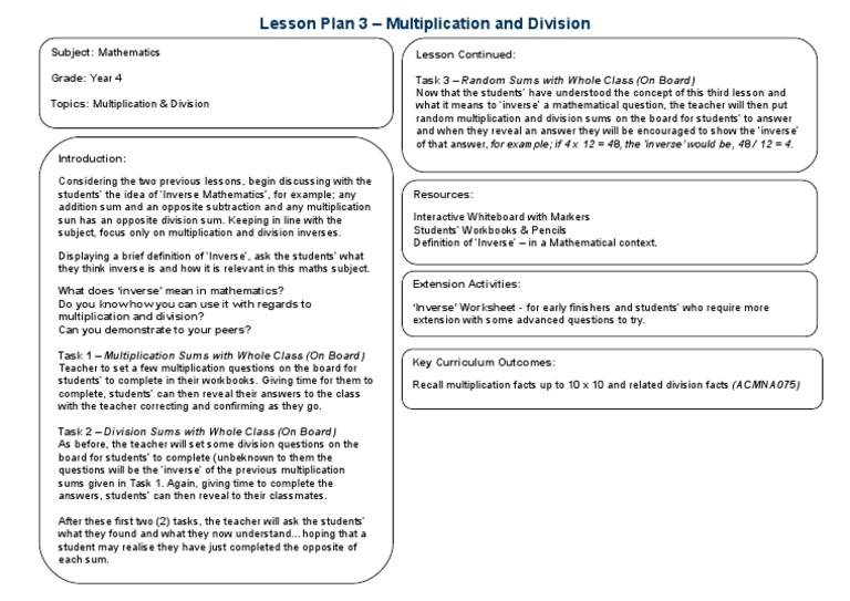 Lesson 3 - Multiplication Division | PDF | Multiplication | Lesson Plan