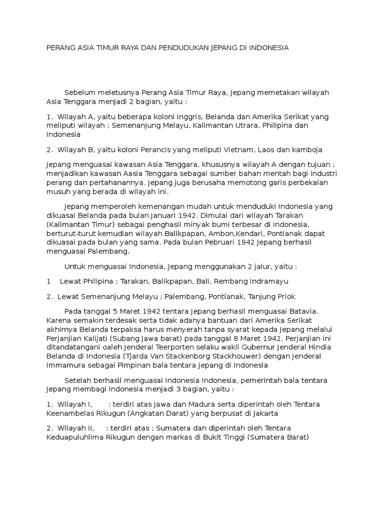 Perang Asia Timur Raya Dan Pendudukan Jepang Di Indonesia | PDF