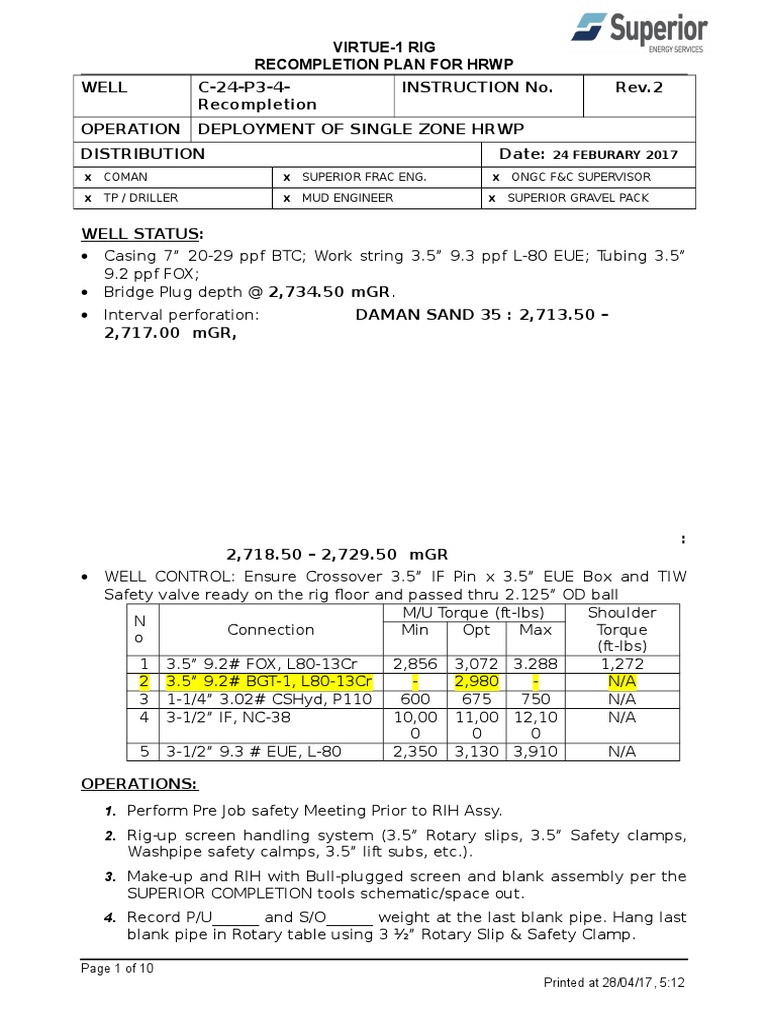 HRWP Packer Setting Procedure | PDF | Casing (Borehole) | Hydraulic ...