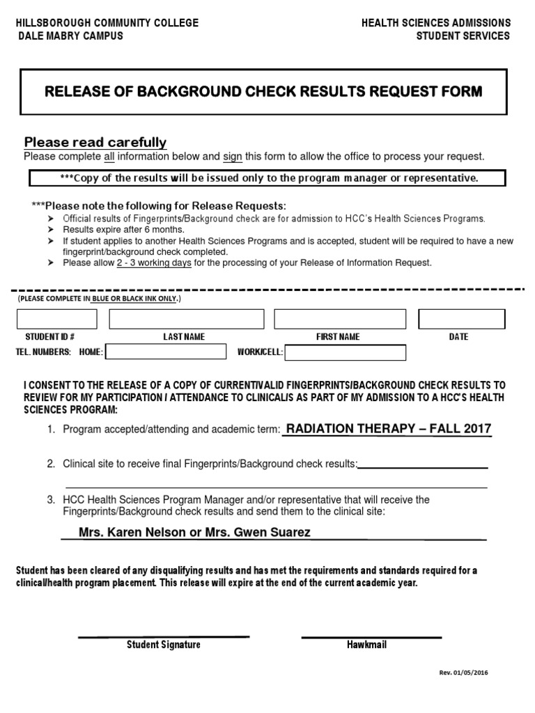 Rad Tech 17fa - Hsadmissions - Release of Background Check Results | PDF
