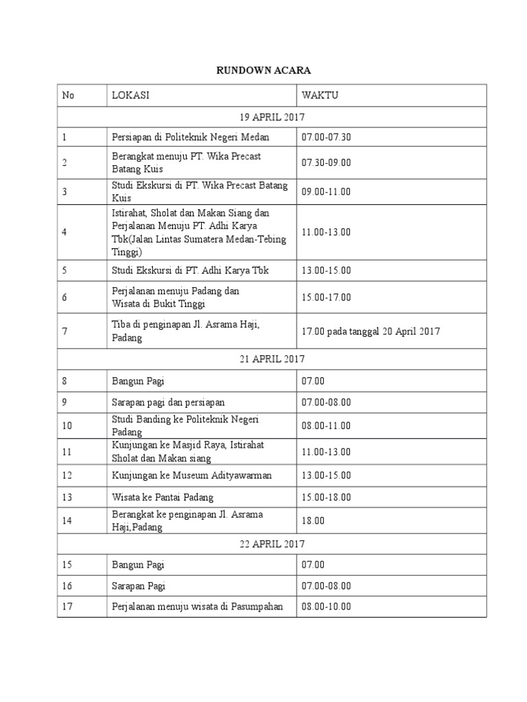 Contoh Rundown Acara Study Ekskursi