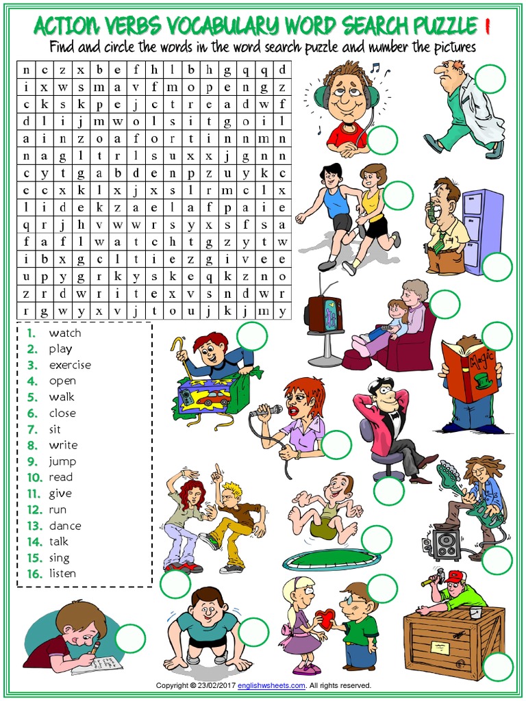 Action Verbs Vocabulary Esl Word Search Puzzle Worksheets For Kids PDF ...