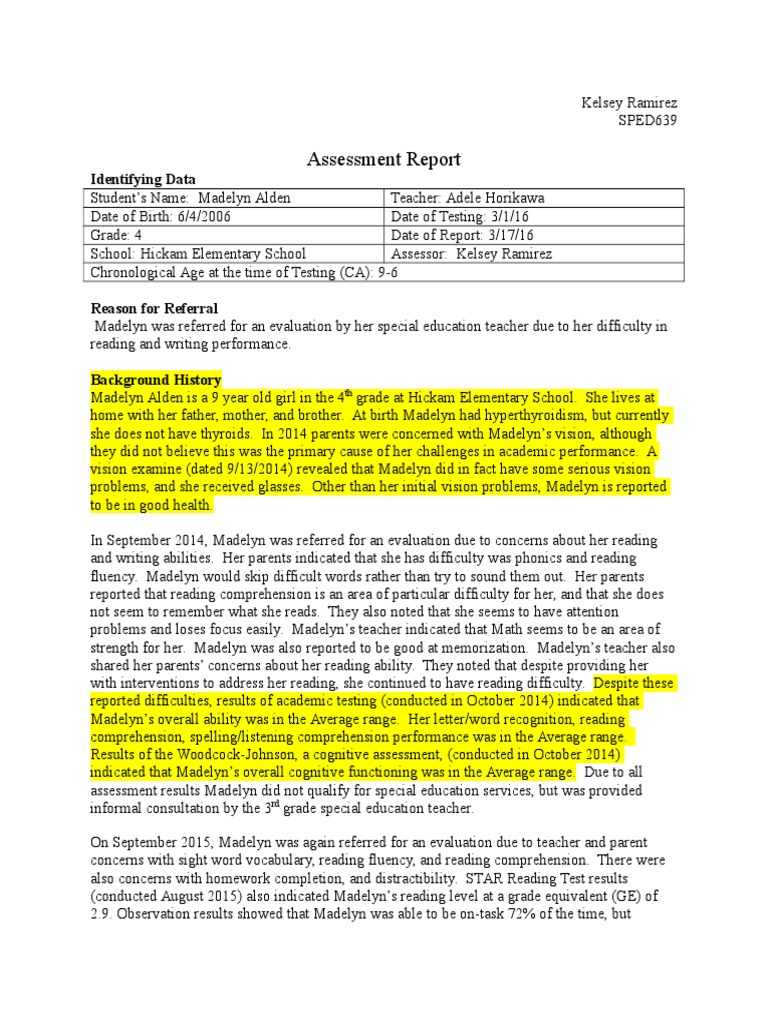 Assessment Report | PDF | Reading (Process) | Reading Comprehension