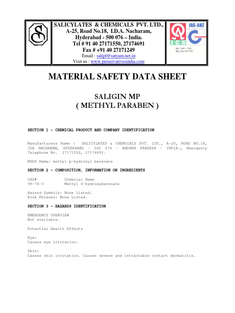 Saligin Mp Methyl Paraben Msds | Dangerous Goods | Personal Protective ...